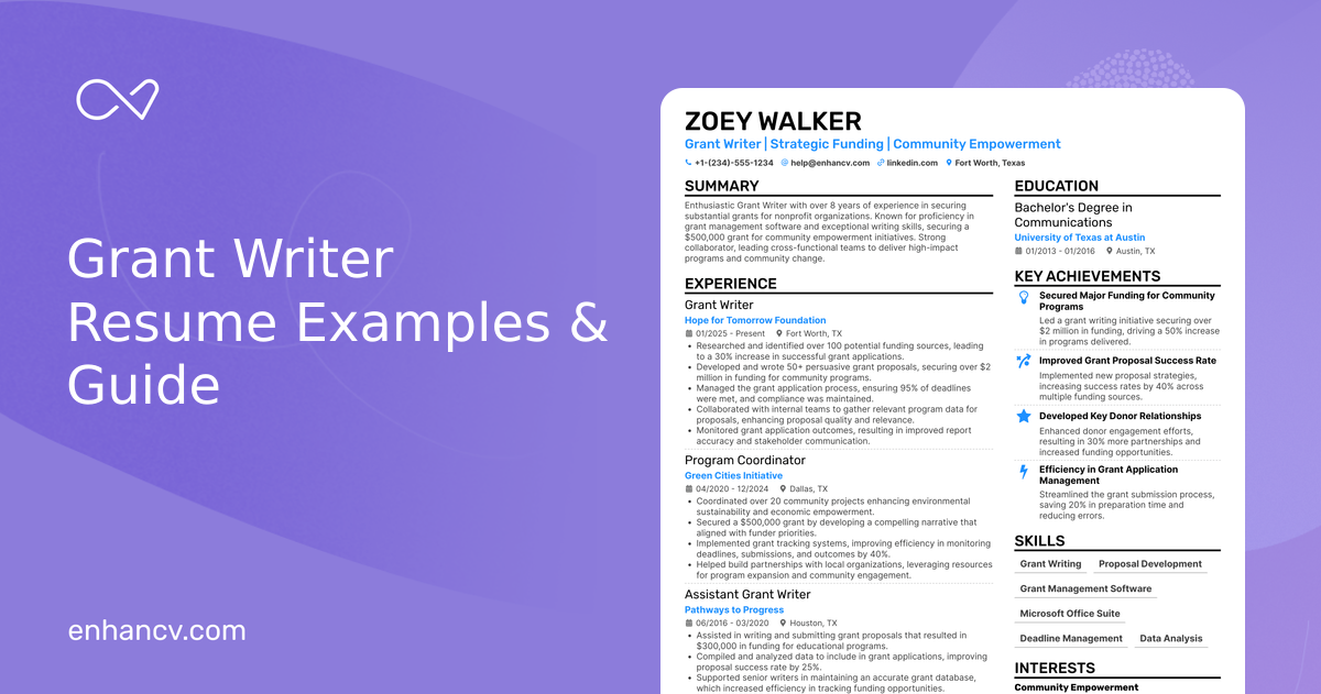 10 Grant Writer Resume Examples & Guide for 2026