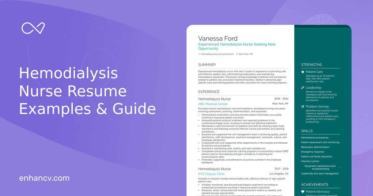5 Hemodialysis Nurse Resume Examples & Guide for 2024