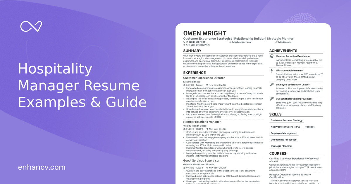 10 Hospitality Manager Resume Examples & Guide for 2026