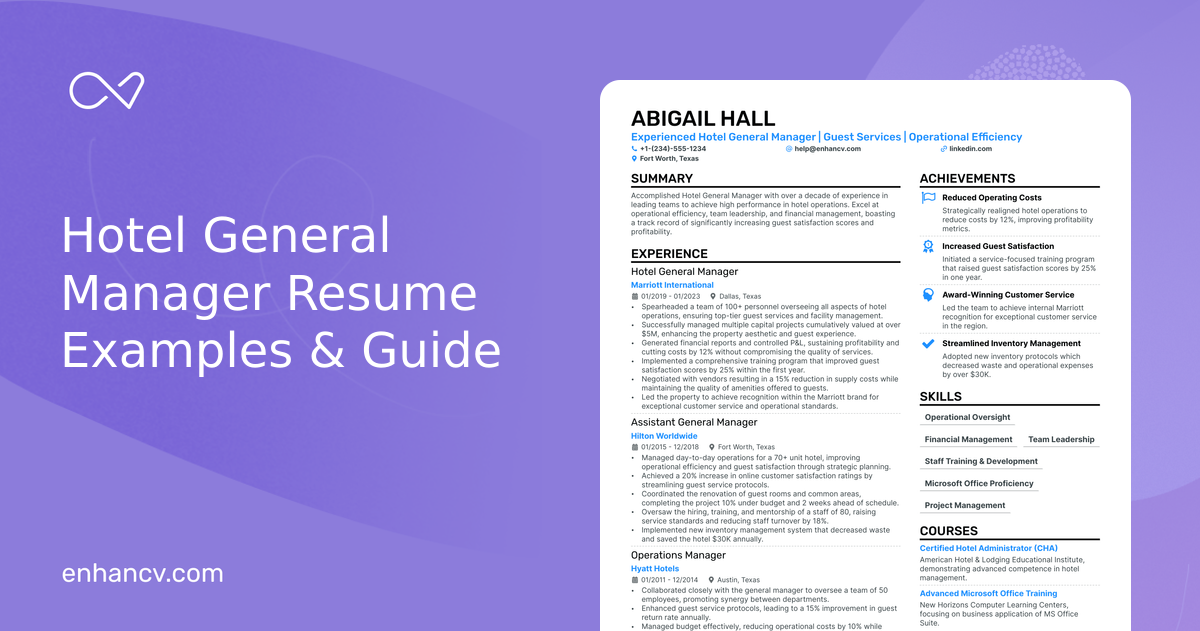 10 Hotel General Manager Resume Examples & Guide for 2024