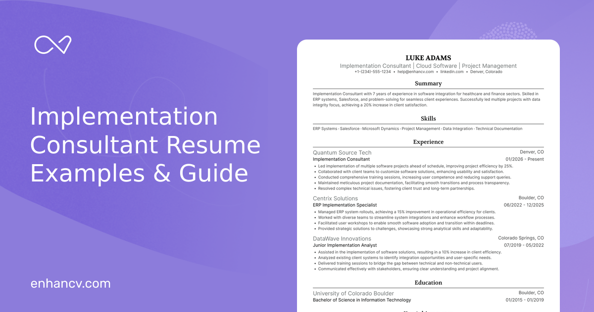 10 Implementation Consultant Resume Examples & Guide for 2026