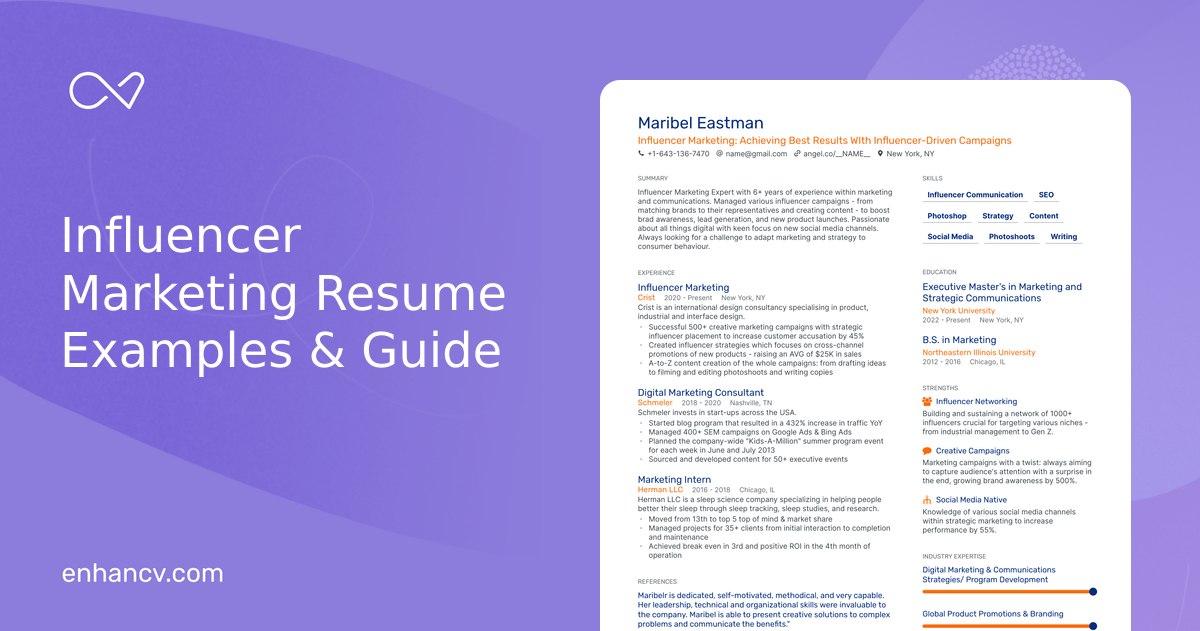 10 Influencer Marketing Resume Examples & Guide for 2024