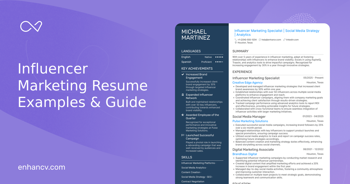 10 Influencer Marketing Resume Examples & Guide for 2026