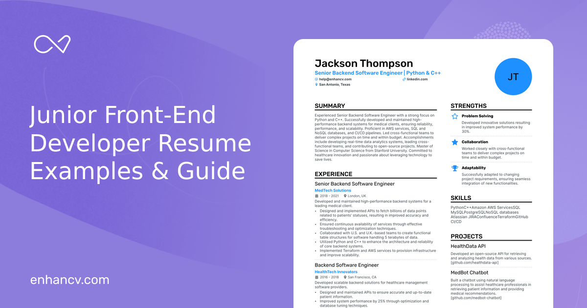 10 Junior Front-End Developer Resume Examples & Guide for 2024