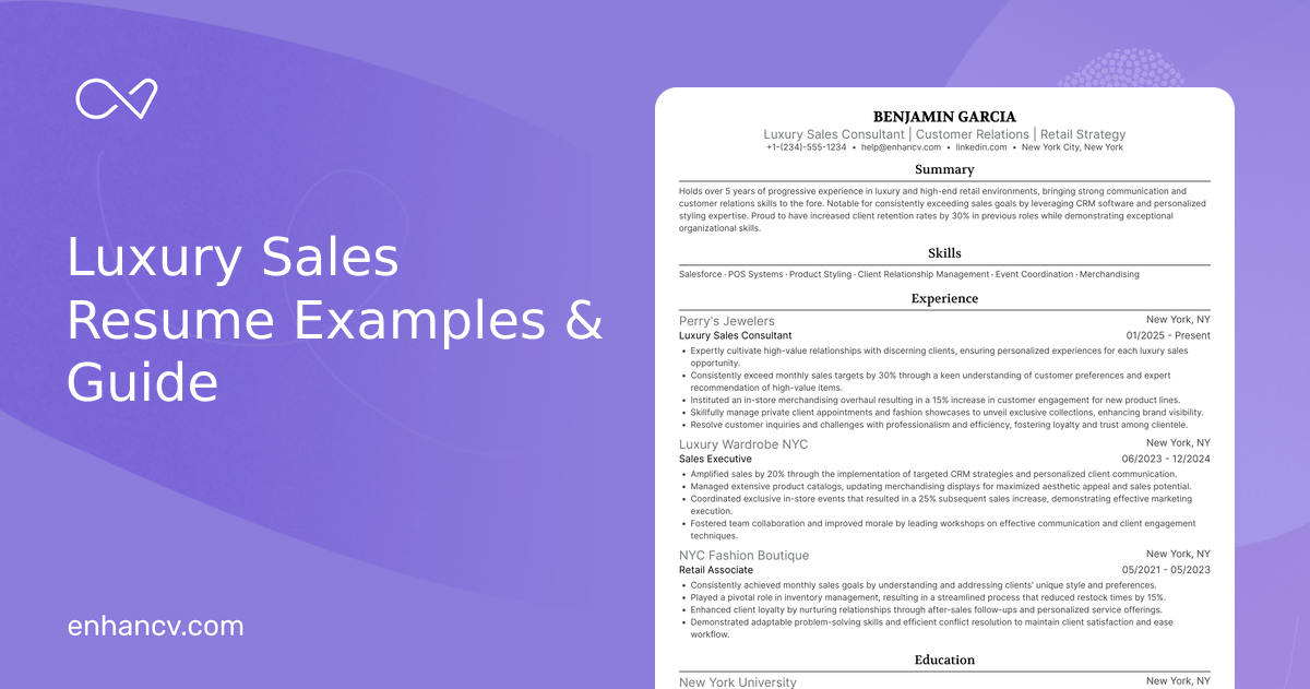 10 Luxury Sales Resume Examples & Guide for 2026