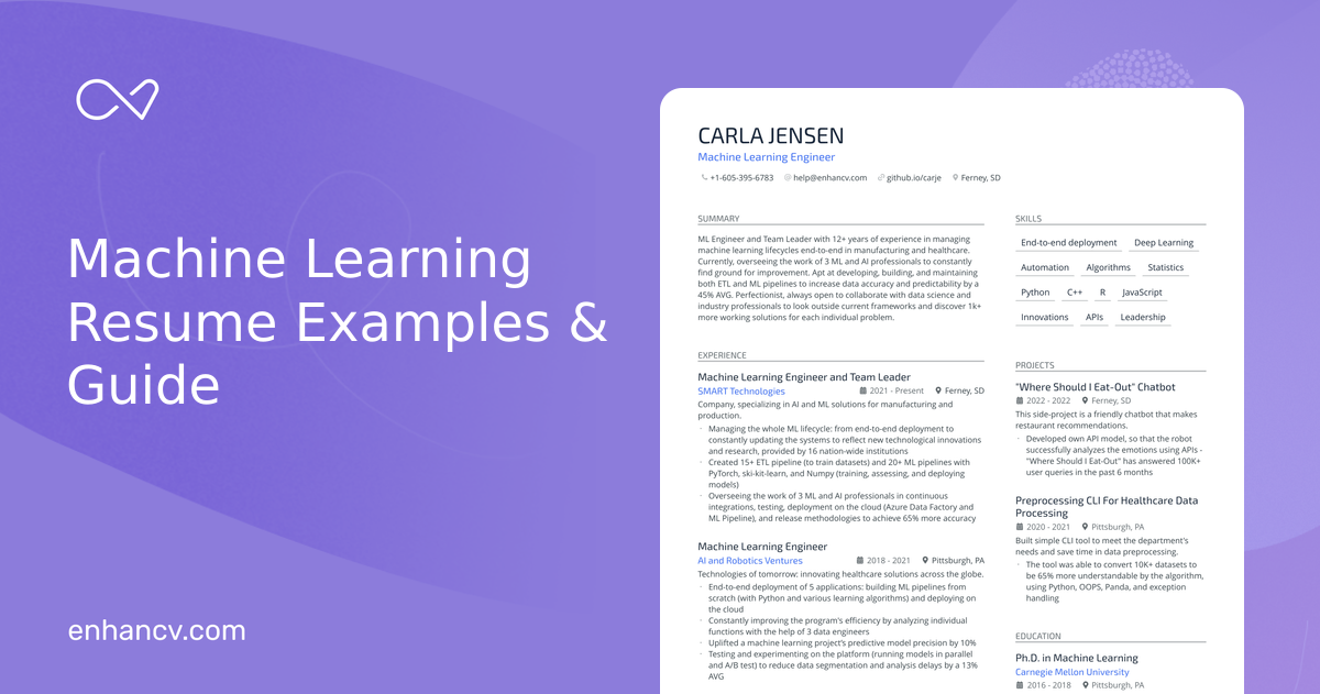 5 Machine Learning Resume Examples & Guide for 2024