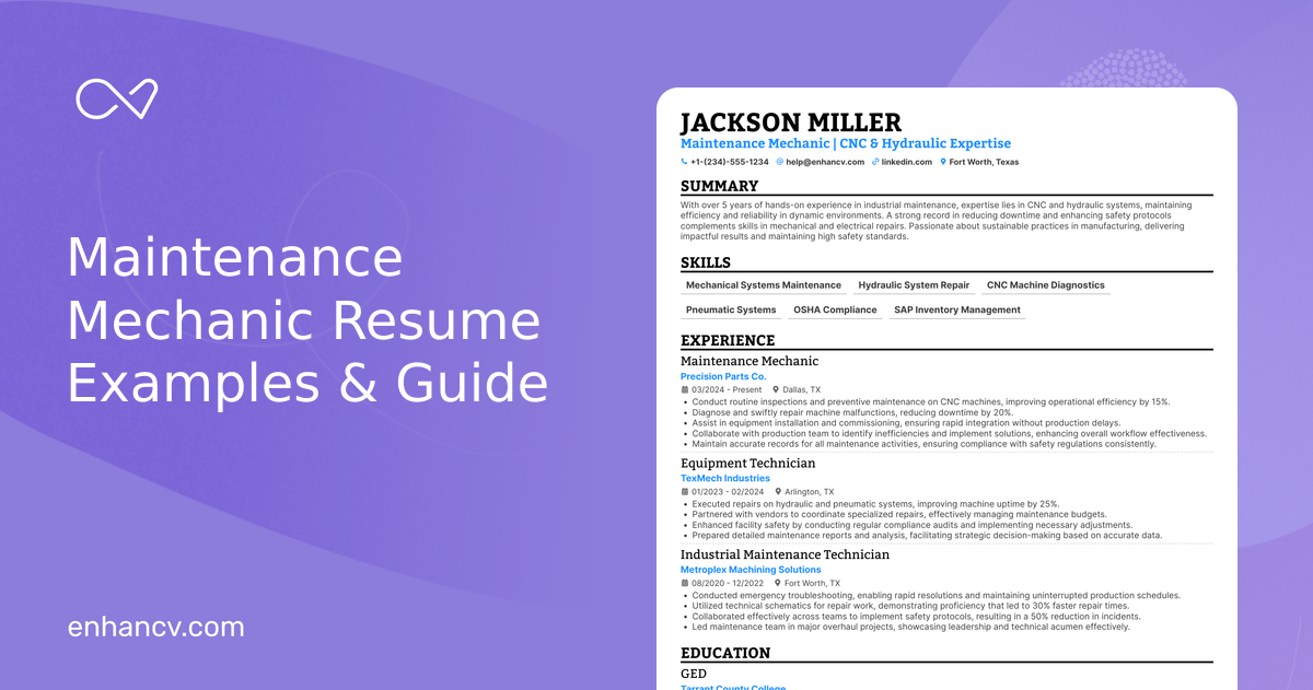 10 Maintenance Mechanic Resume Examples & Guide for 2026