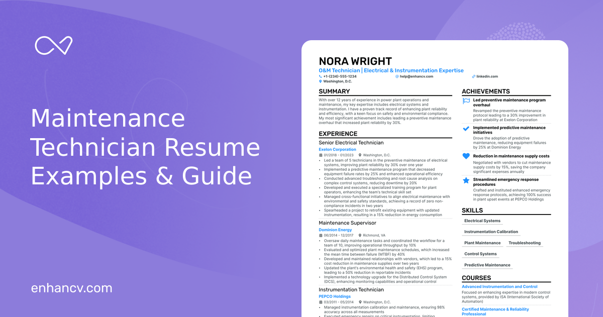 17 Maintenance Technician Resume Examples March 2026