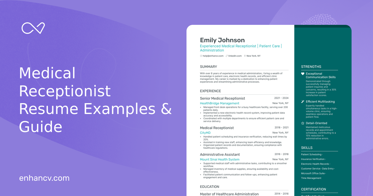 5 Medical Receptionist Resume Examples & Guide for 2024