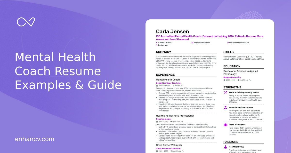 5 Mental Health Coach Resume Examples & Guide for 2024