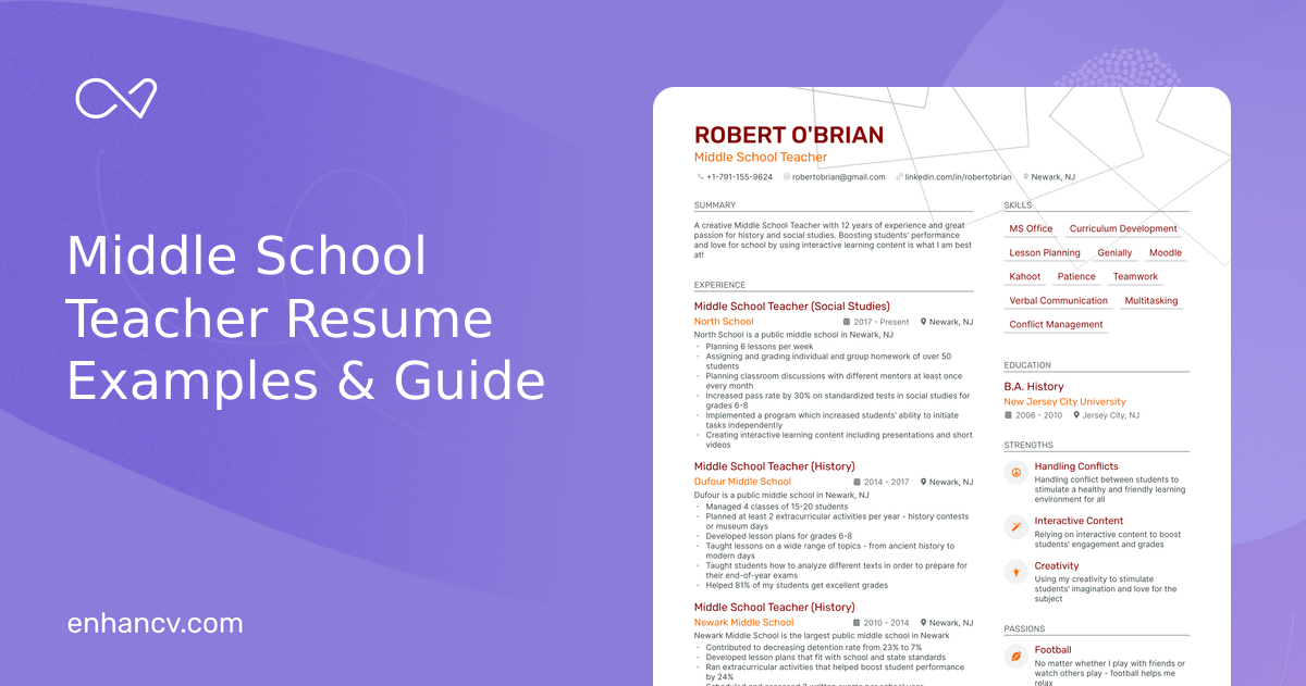 5 Middle School Teacher Resume Examples & Guide for 2024