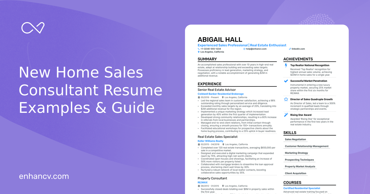10 New Home Sales Consultant Resume Examples & Guide for 2024