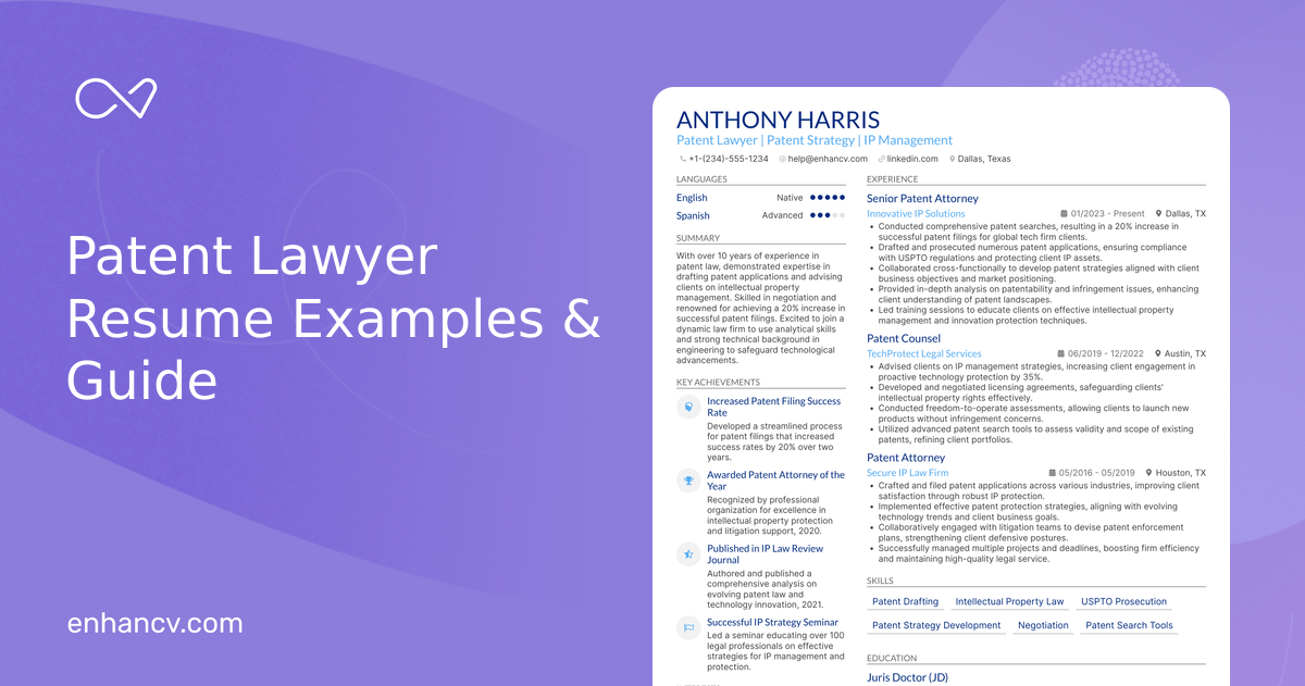 10 Patent Lawyer Resume Examples & Guide for 2026