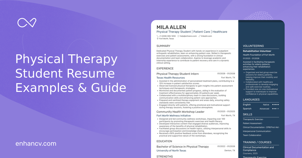 10 Physical Therapy Student Resume Examples & Guide for 2026