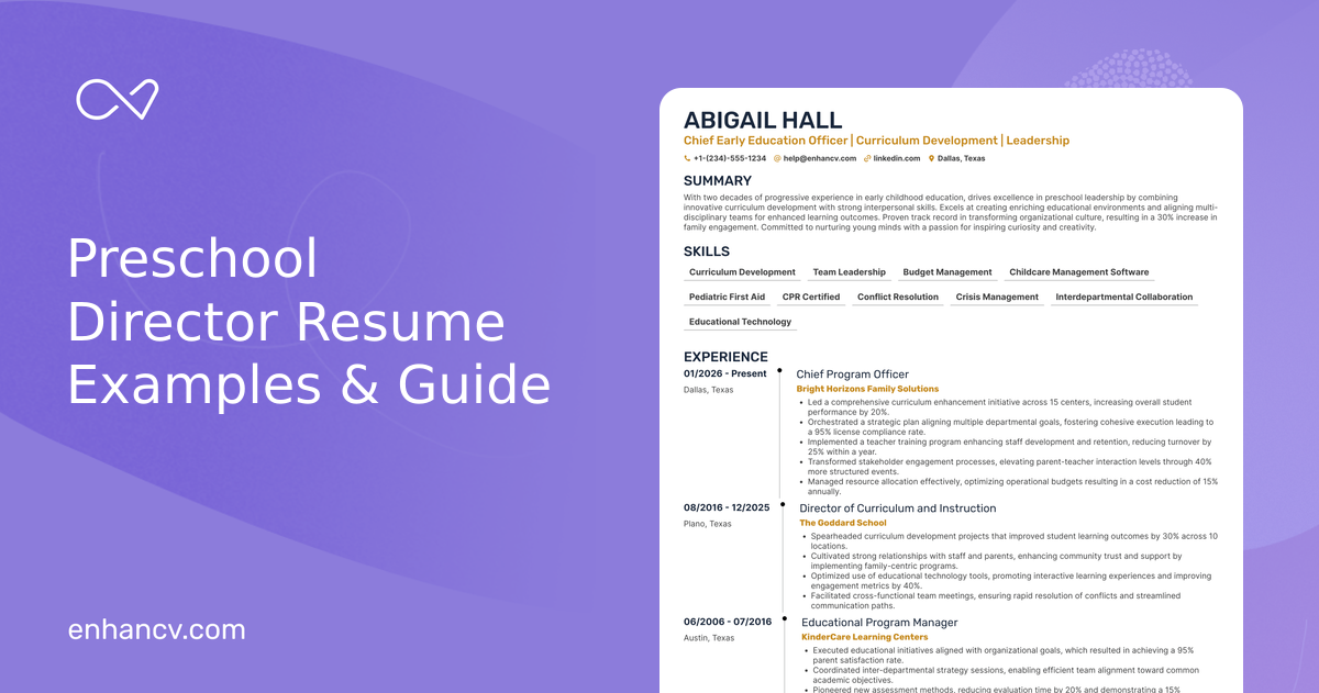 10 Preschool Director Resume Examples, Templates & Guide for 2026