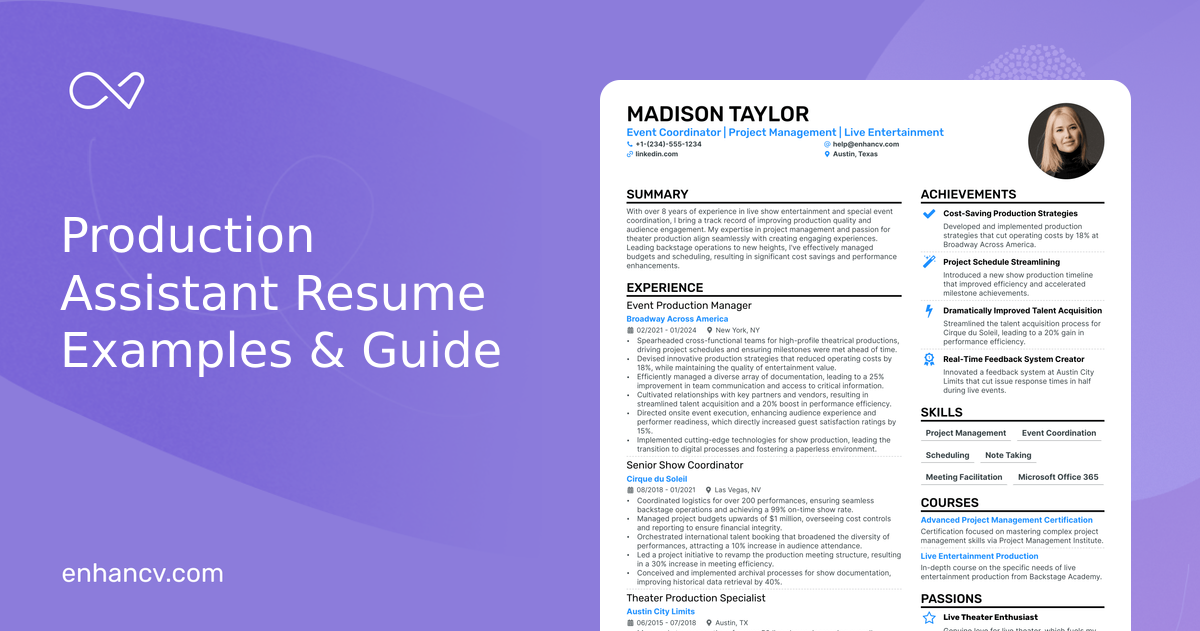 20 Production Assistant Resume Examples - March 2026