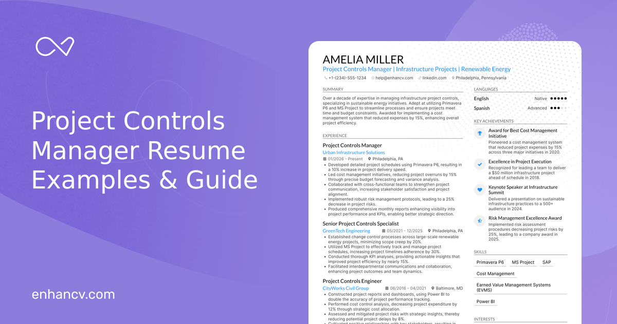 10 Project Controls Manager Resume Examples & Guide for 2026