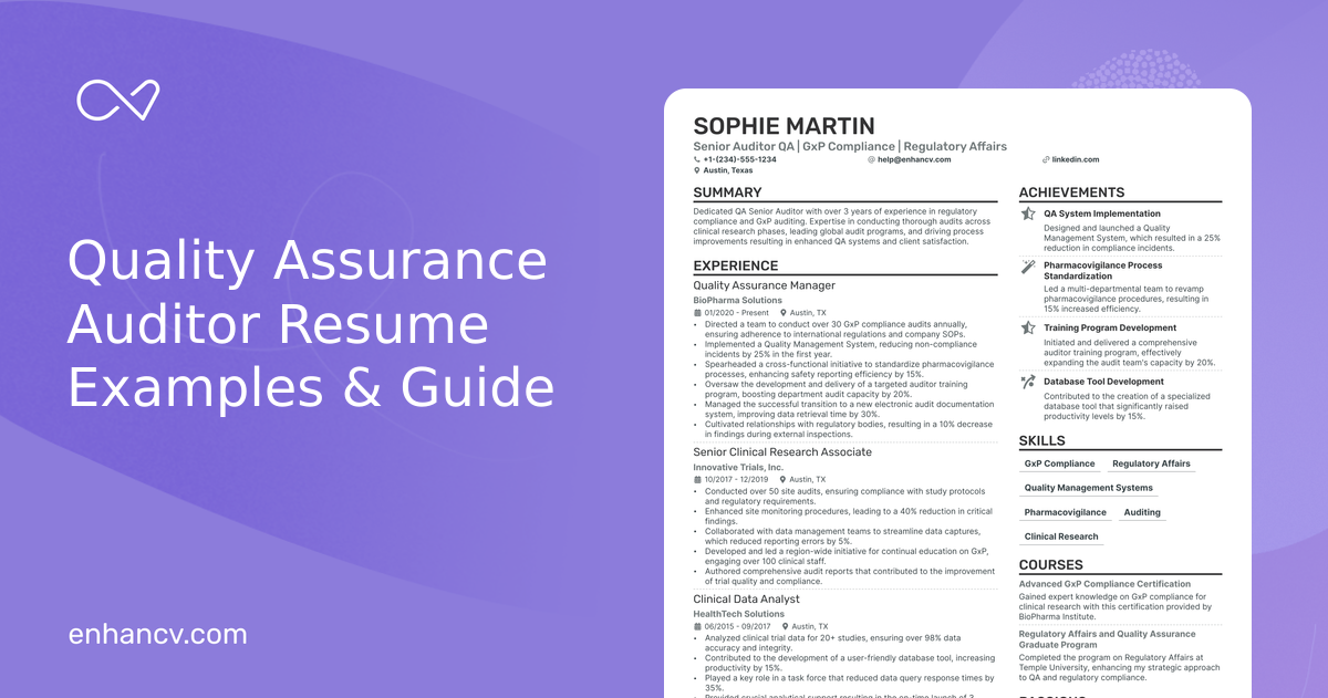 10 Quality Assurance Auditor Resume Examples & Guide for 2026