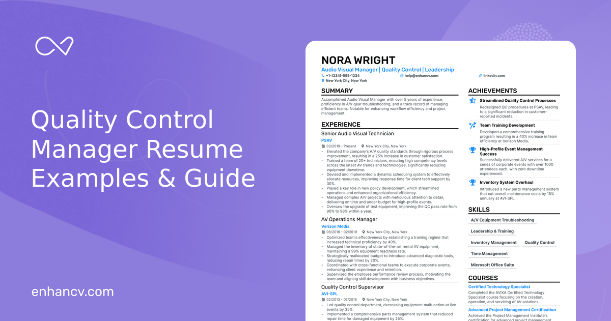 10 Quality Control Manager Resume Examples & Guide for 2024