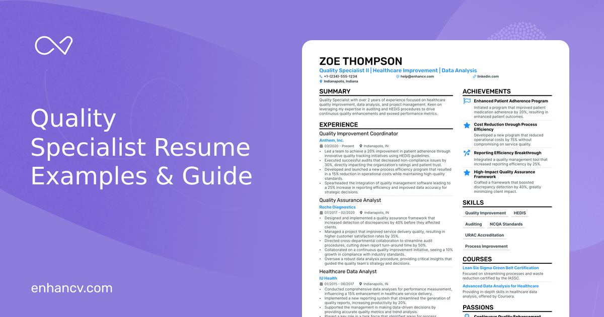 10 Quality Specialist Resume Examples & Guide for 2024