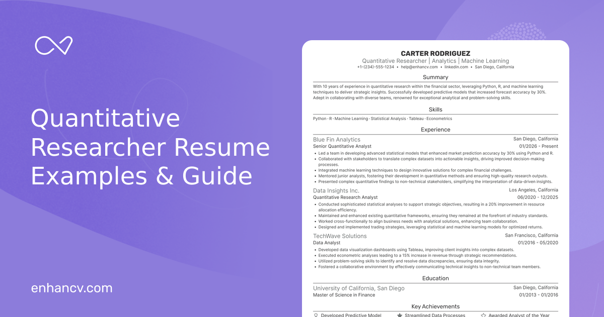 10 Quantitative Researcher Resume Examples & Guide for 2026