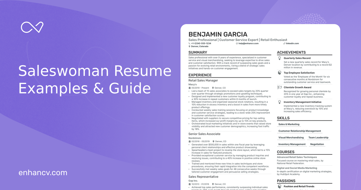 10 Saleswoman Resume Examples & Guide for 2024