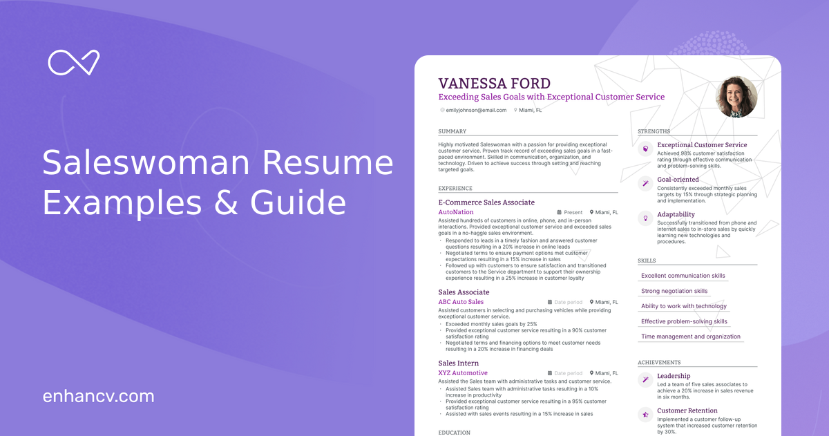 5 Saleswoman Resume Examples & Guide for 2024