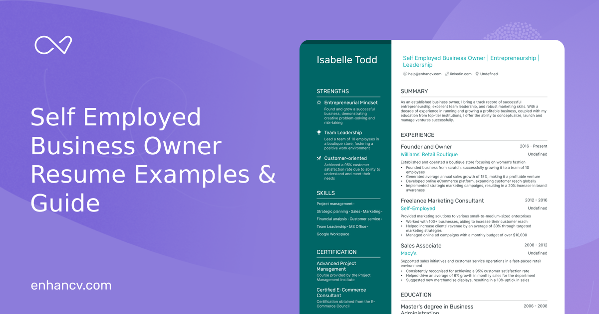10 Self Employed Business Owner Resume Examples & Guide for 2024