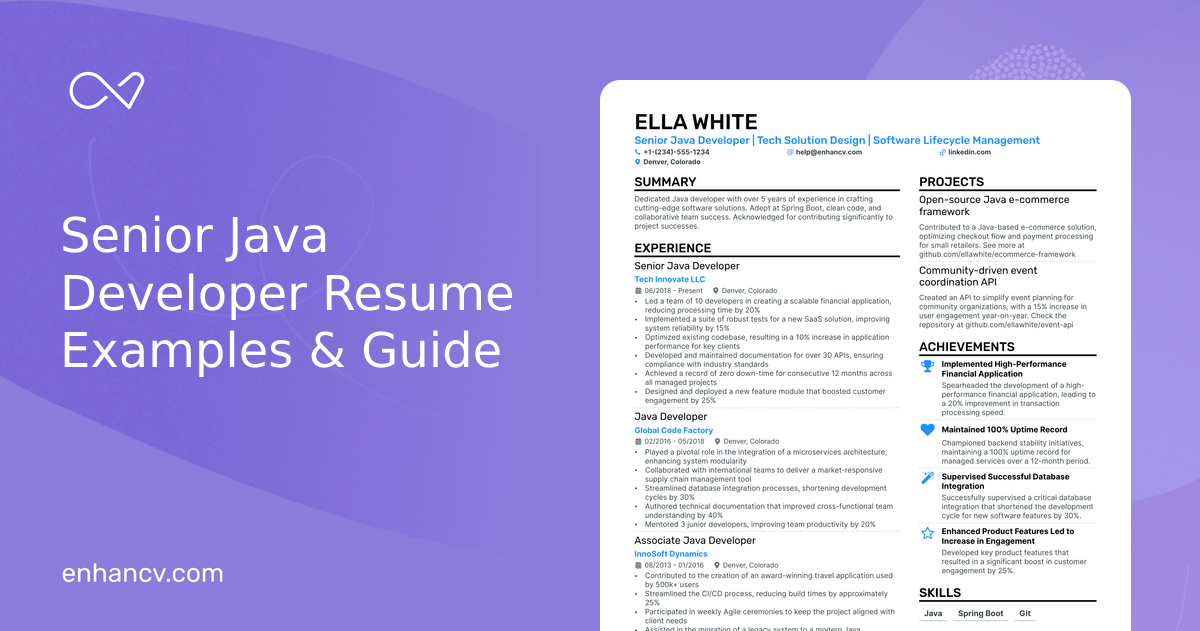 10 Senior Java Developer Resume Examples & Guide for 2024