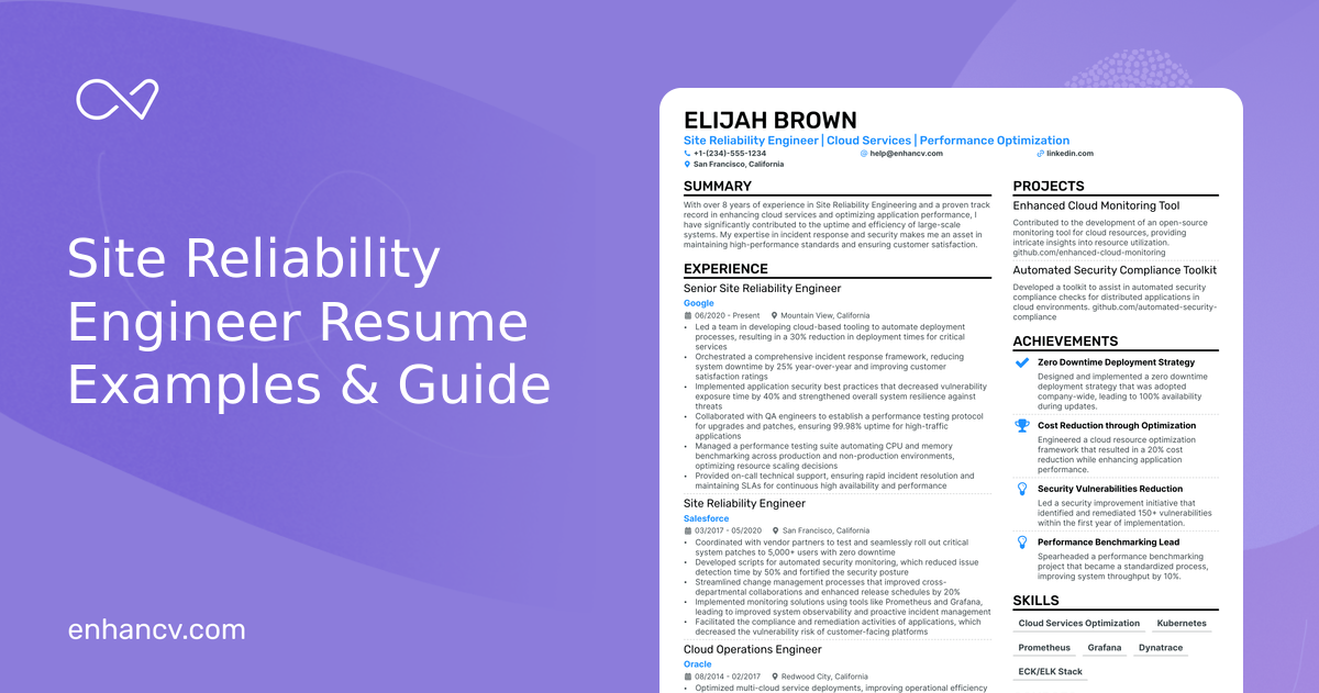 10 Site Reliability Engineer Resume Examples & Guide for 2024