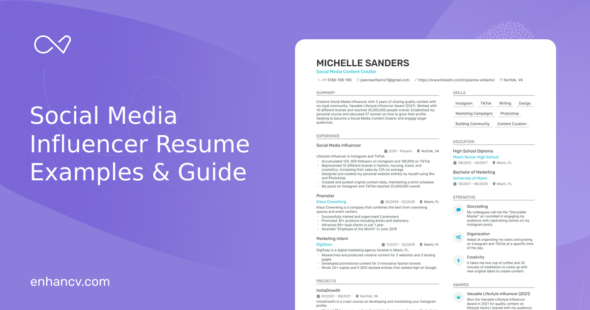 5 Social Media Influencer Resume Examples & Guide for 2024