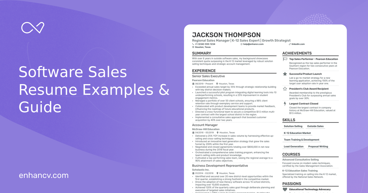 10 Software Sales Resume Examples & Guide for 2024