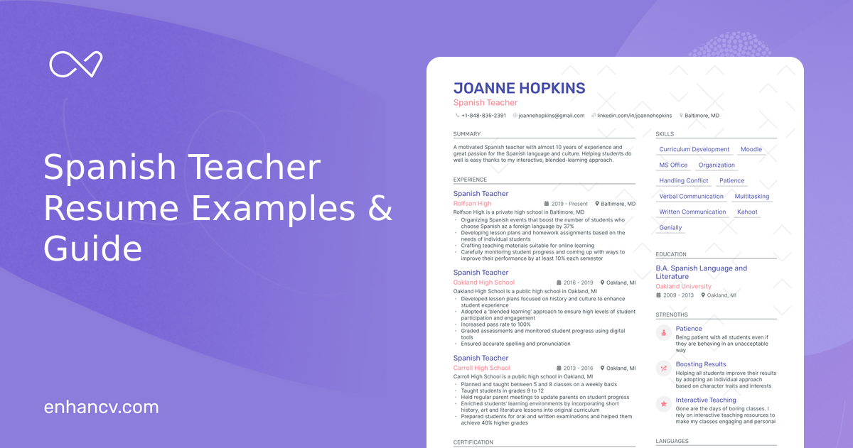 5 Spanish Teacher Resume Examples & Guide for 2024