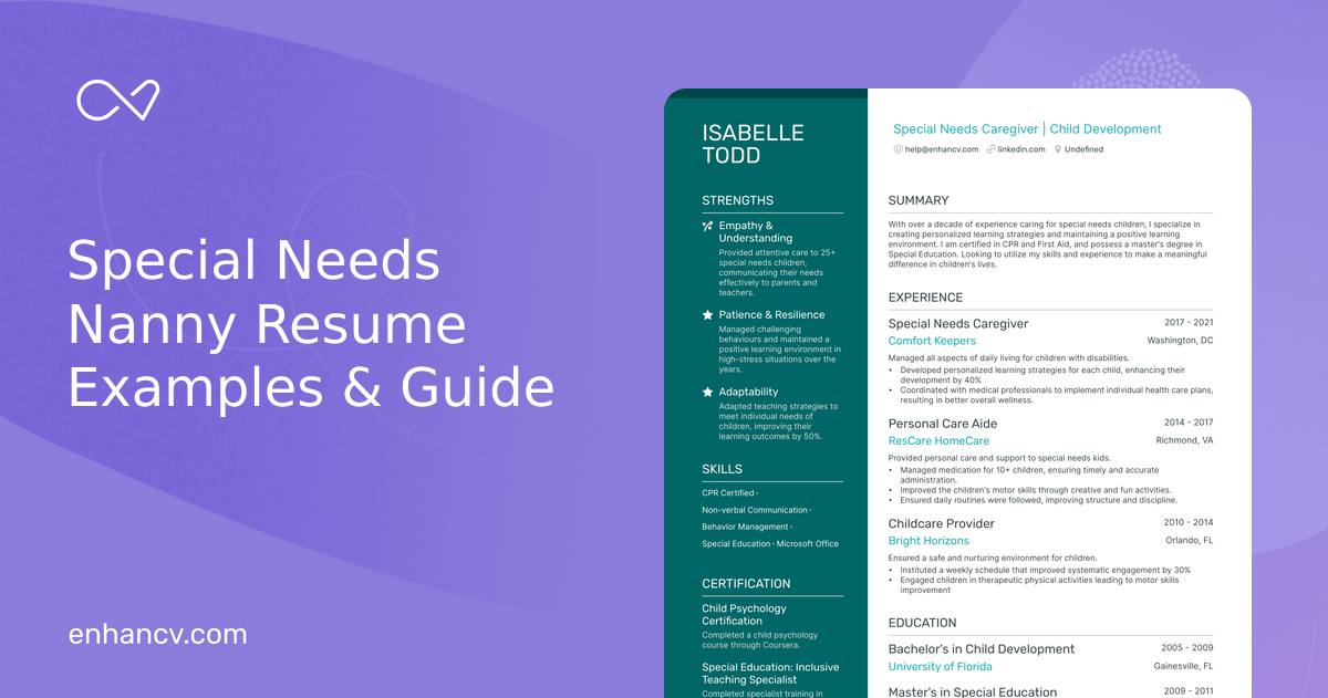 5 Special Needs Nanny Resume Examples & Guide for 2024