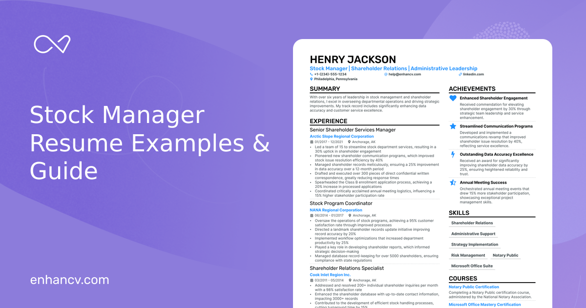 10 Stock Manager Resume Examples & Guide for 2024
