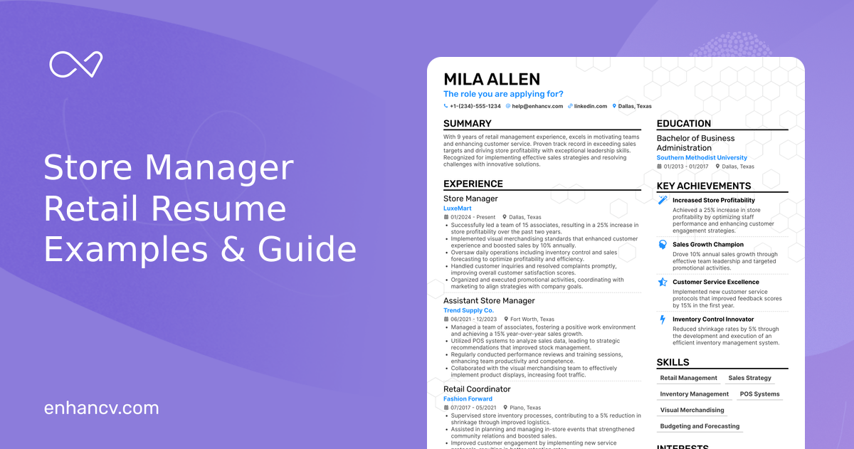10 Store Manager Retail Resume Examples & Guide for 2026