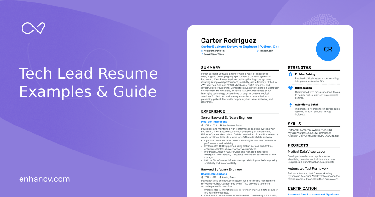 10 Tech Lead Resume Examples & Guide for 2024