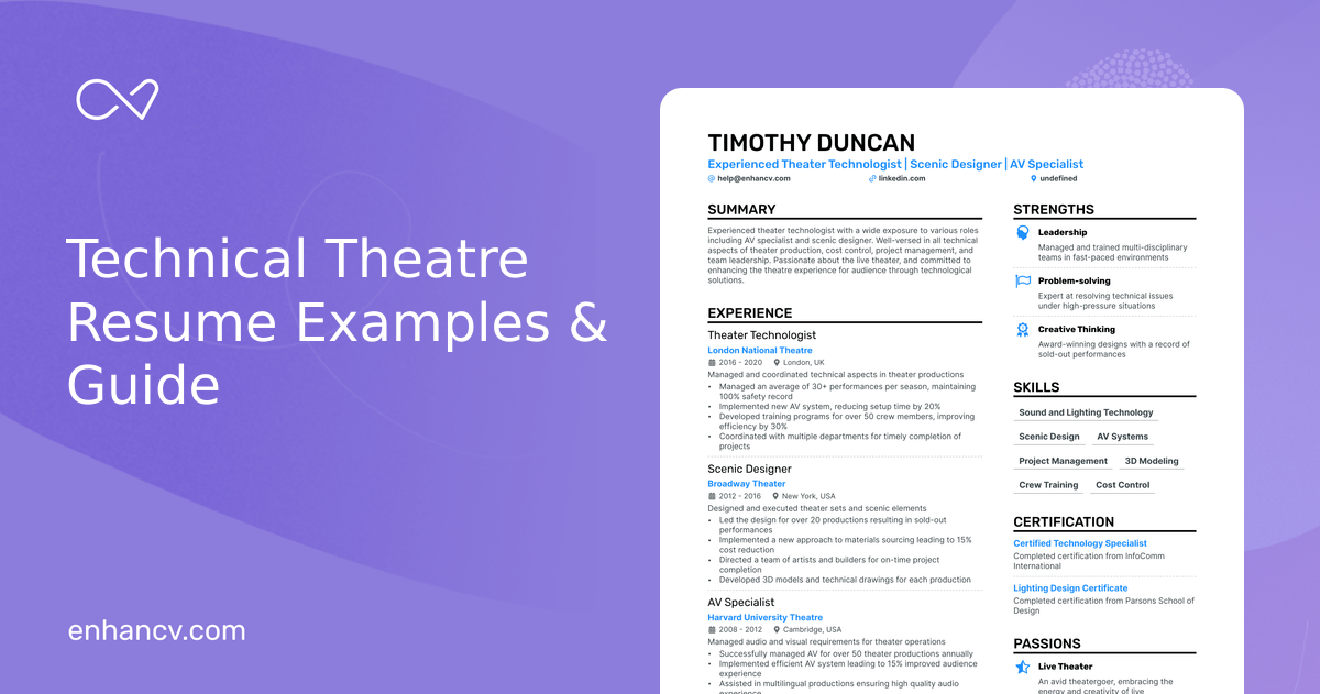 10 Technical Theatre Resume Examples & Guide for 2024