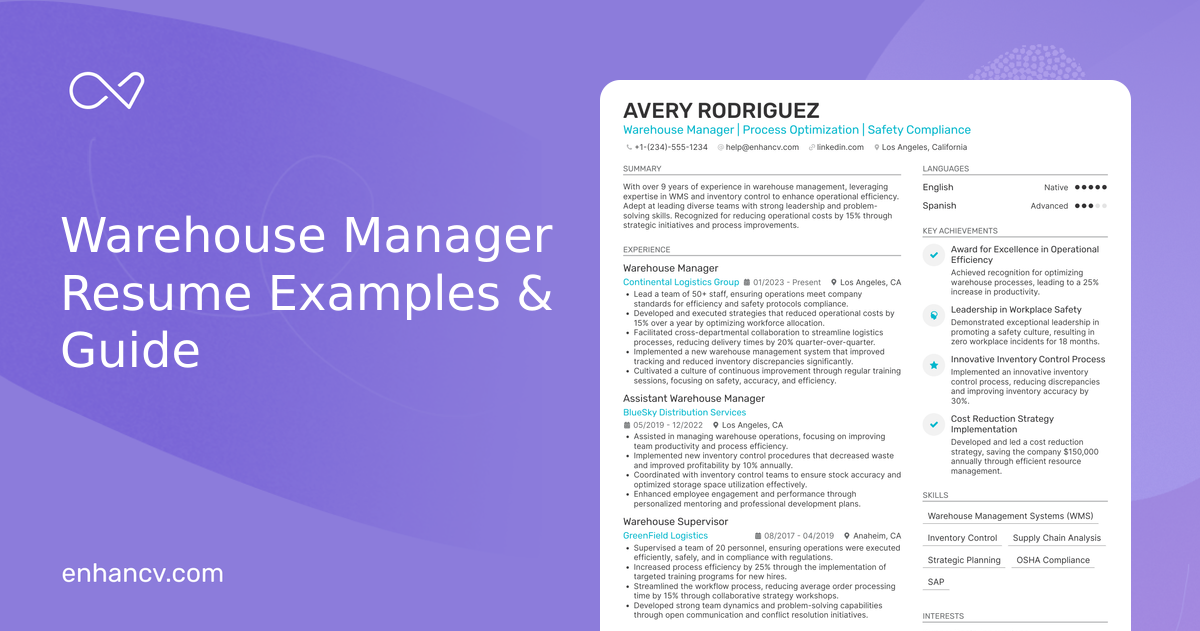 10 Warehouse Manager Resume Examples - March 2026