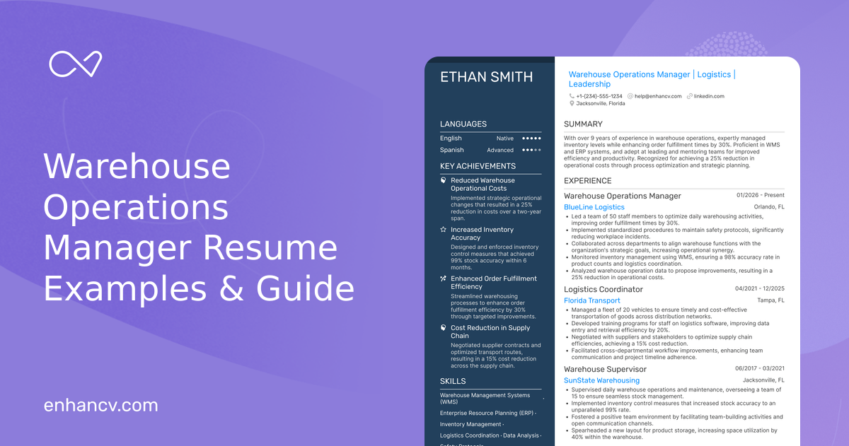 10 Warehouse Operations Manager Resume Examples & Guide for 2026