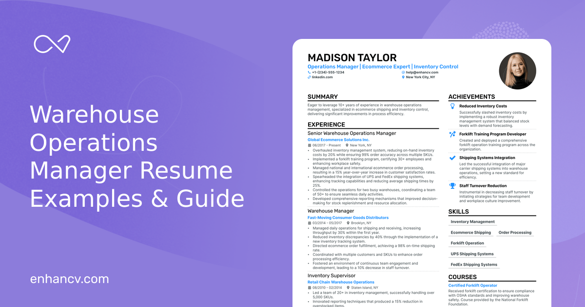 10 Warehouse Operations Manager Resume Examples & Guide for 2024